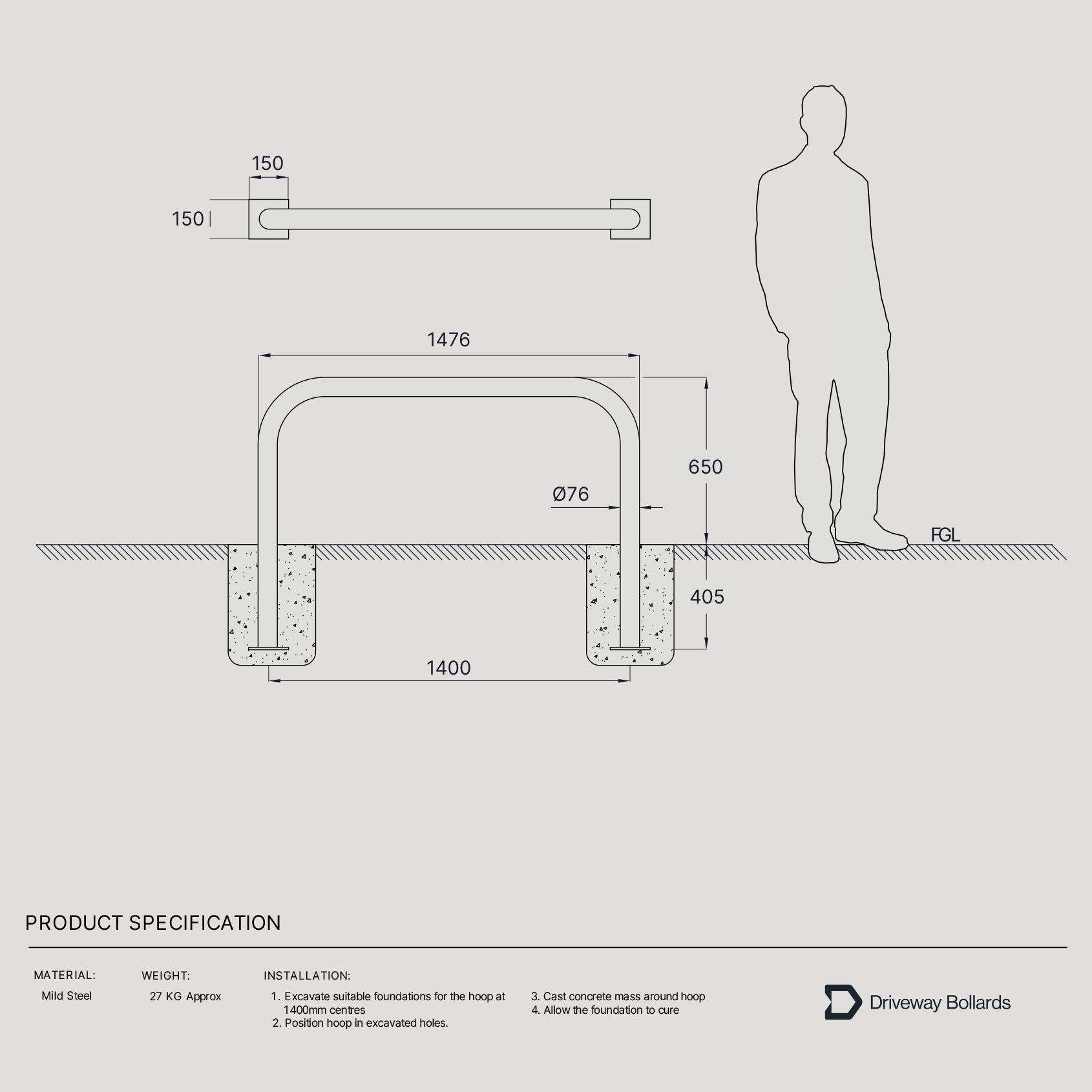Rhino RB76 Heavy Duty Steel Hoop Barrier – Powder Coated – Driveway ...